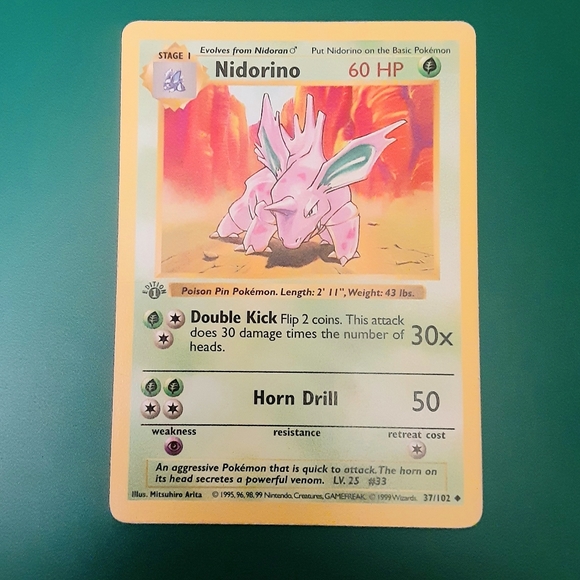Pokemon | Toys | Lp Wotc St Edition Shadowless Nidorino 3712 Original Base Set Pokemon Card ...